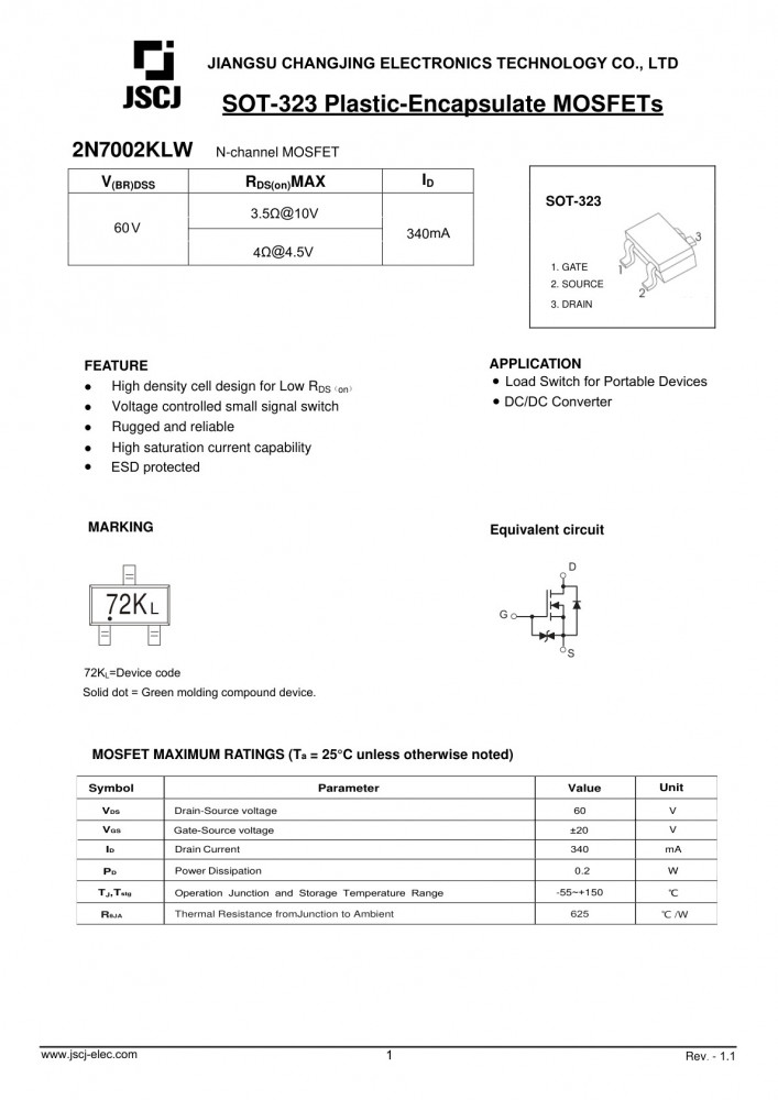 2N7002KLW datasheet page 1