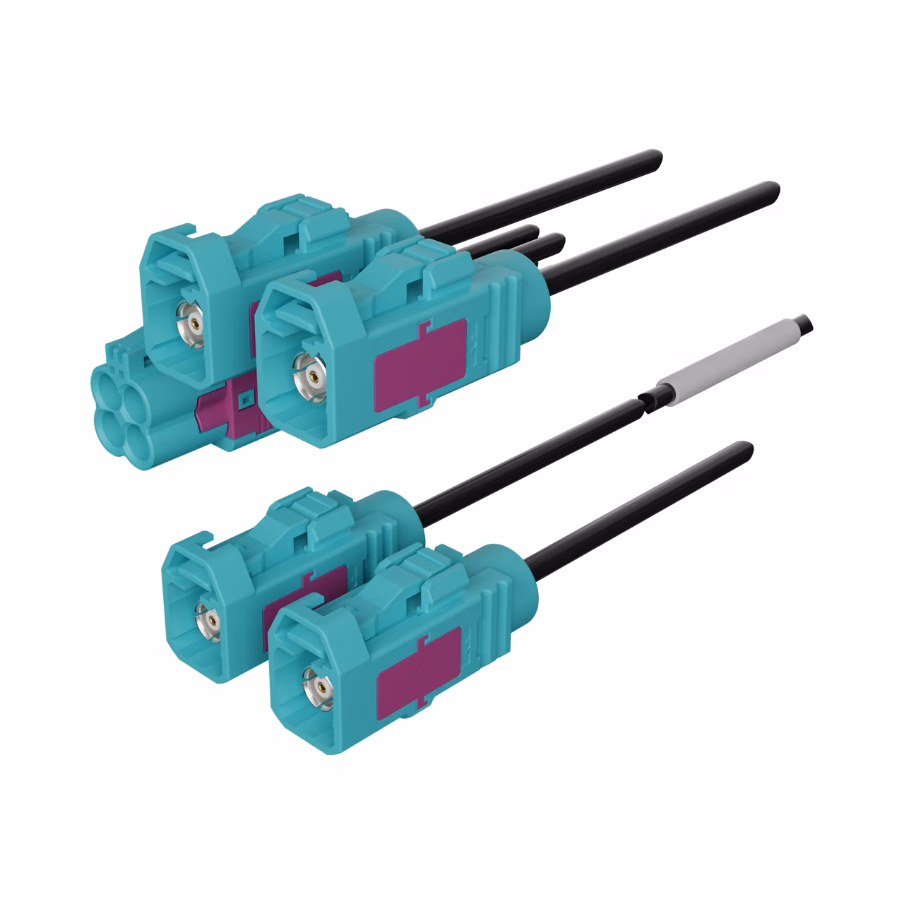 HFM Straight Quad Jack-to-4 FAKRA Straight Jack Off-the-Shelf (OTS) Cable Assembly, Key Z Water Blue, RG-174 Cable, 2000.00mm Length, 50 Ohms for sale