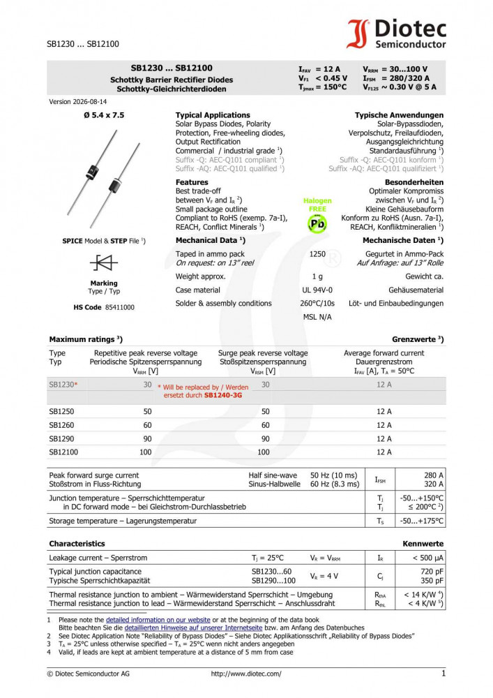 DIOTEC SB1250 datasheet page 1