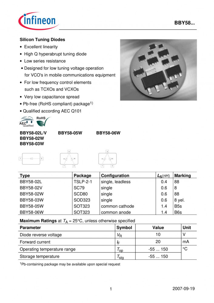 Infineon silicon tuning diode datasheet page 1