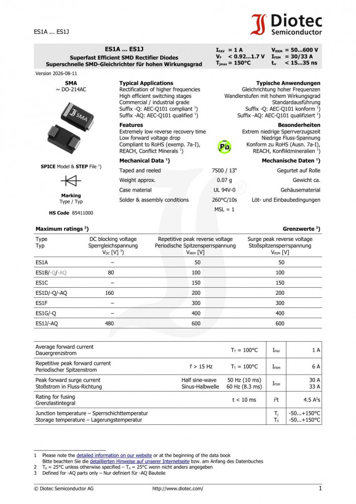 DIOTEC ES1D-AQ datasheet page 1
