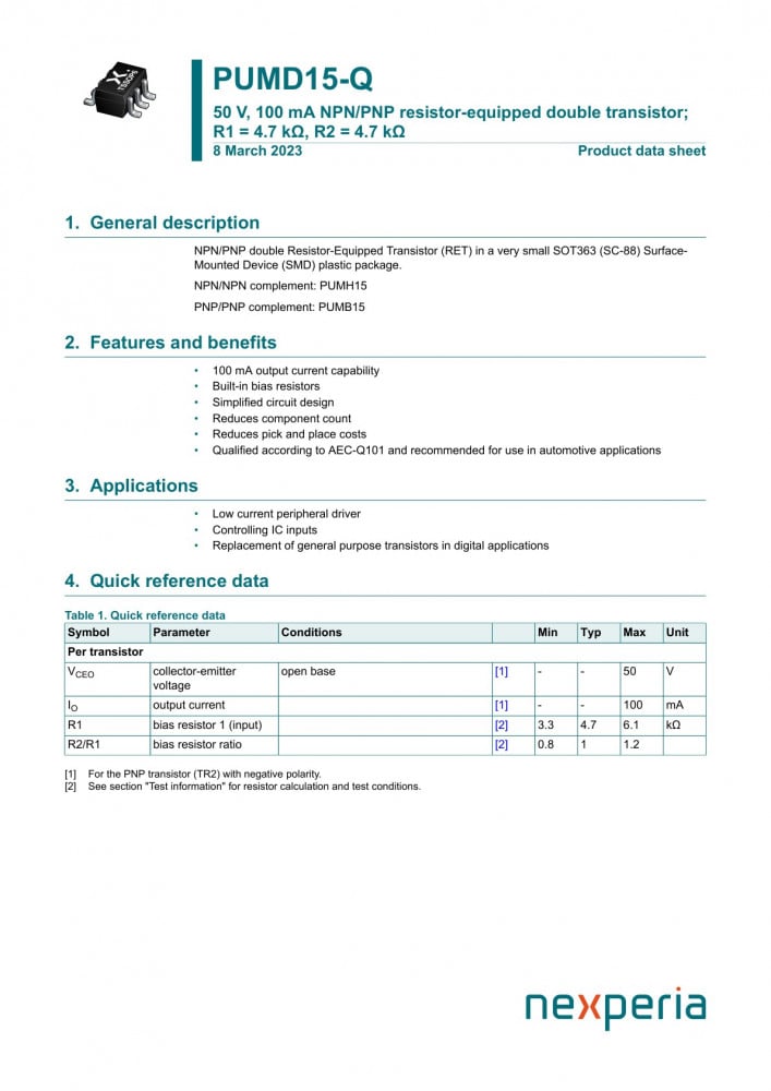 PUMD15-QX datasheet page 1