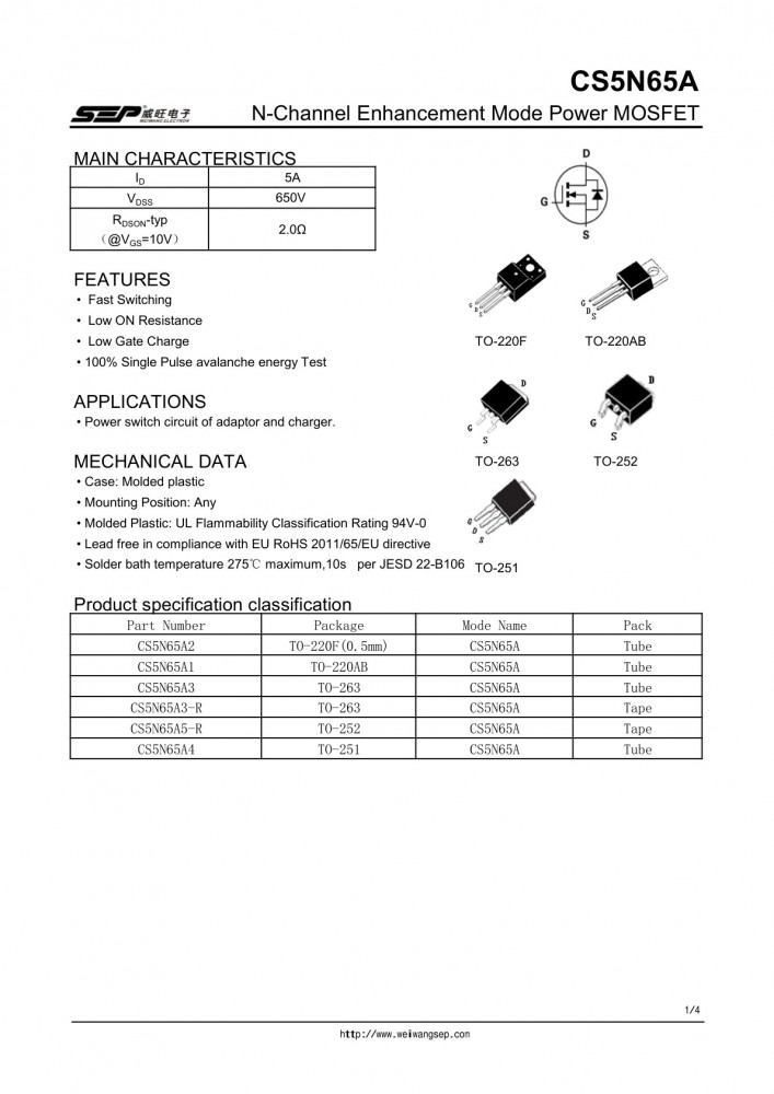 CS5N65A2 datasheet page 1