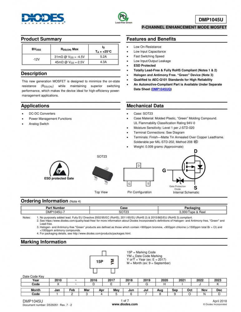 DMP1045U-7 datasheet page 1