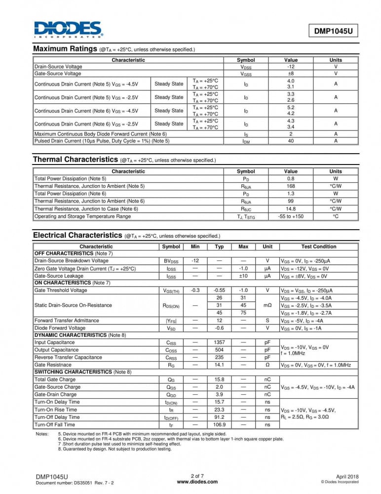 DMP1045U-7 datasheet page 2