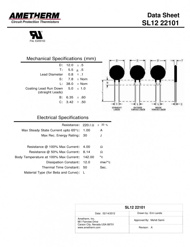 Ametherm SL12-22101-AT technical drawing and specifications