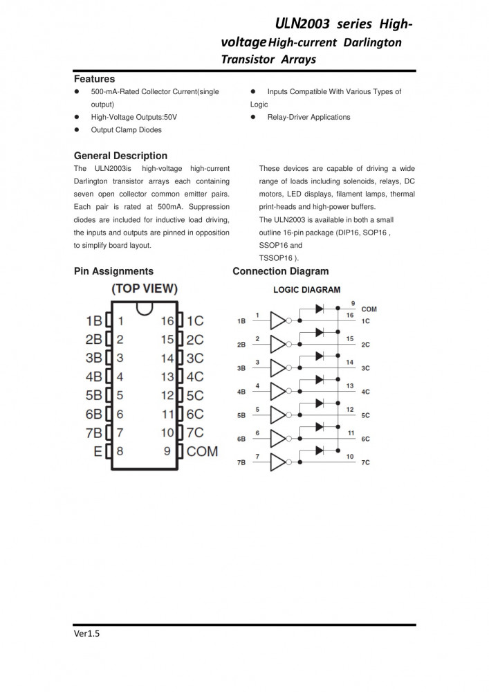 ULN2003 datasheet page 1