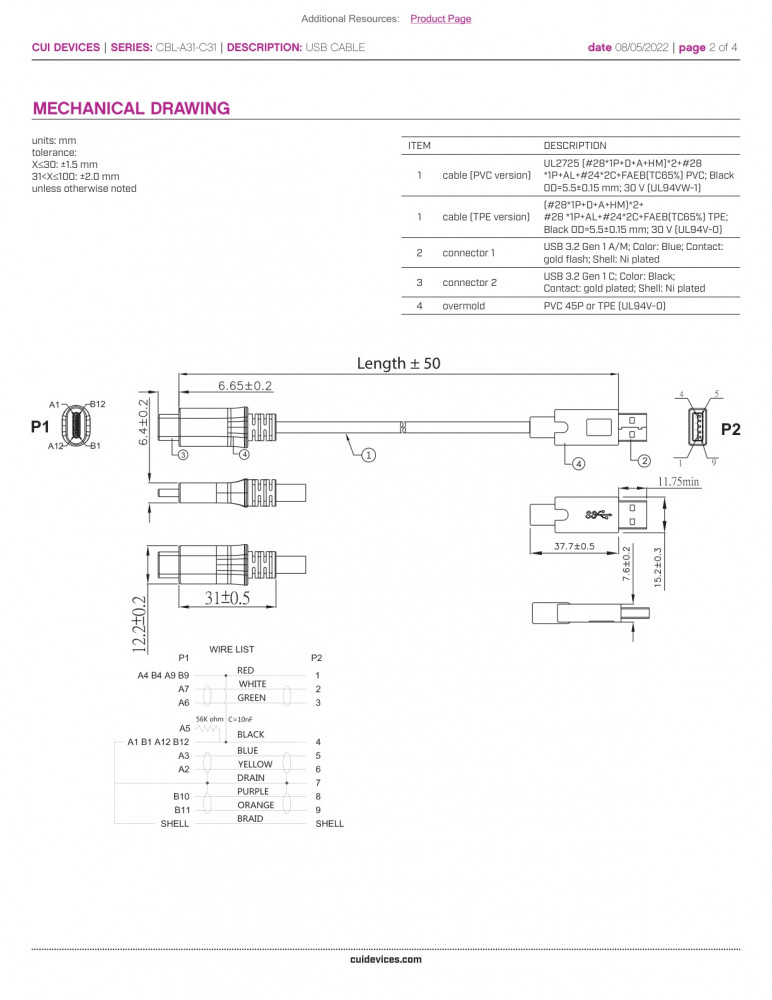 CUI CBL-A31-C31 technical document page 2