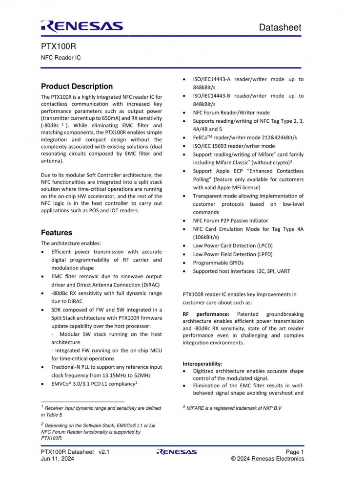 PTX100R datasheet page 1
