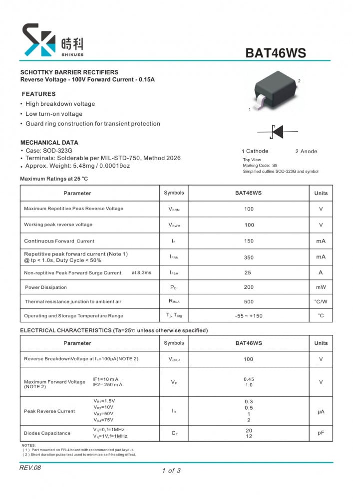 BAT46WS datasheet page 1