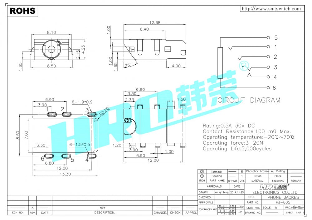 HRO PJ-605 phone jack technical drawing