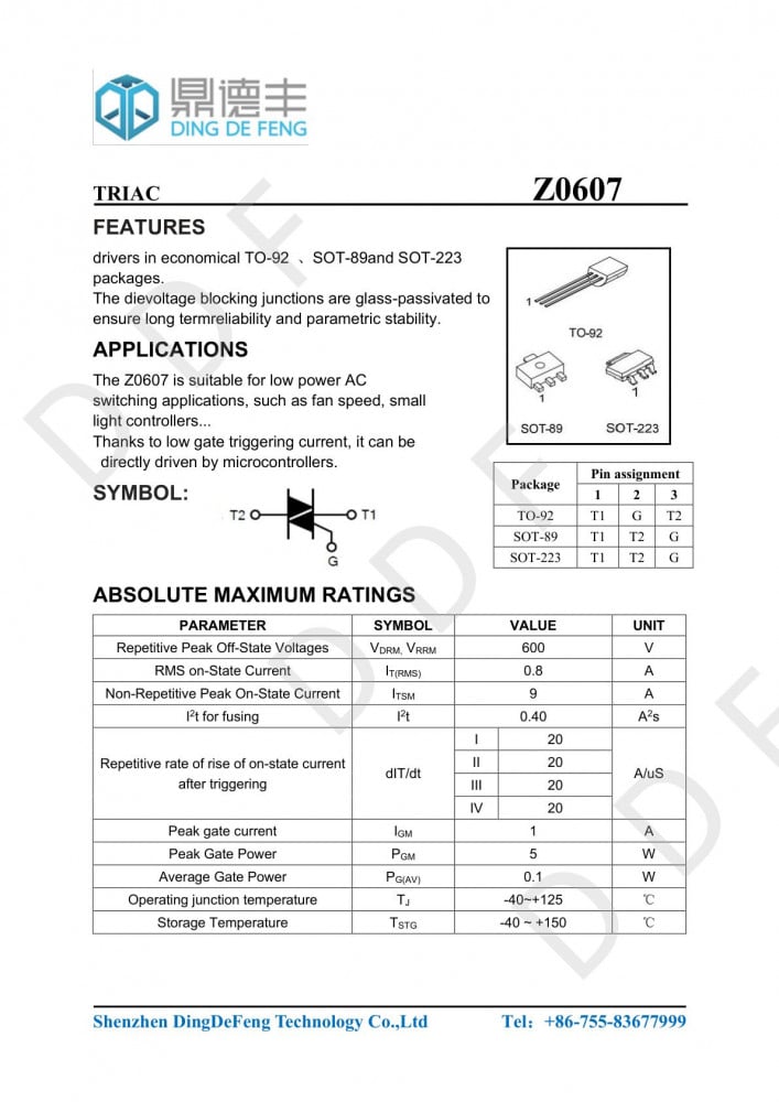 DDF Z0607-SOT-89 datasheet page 1