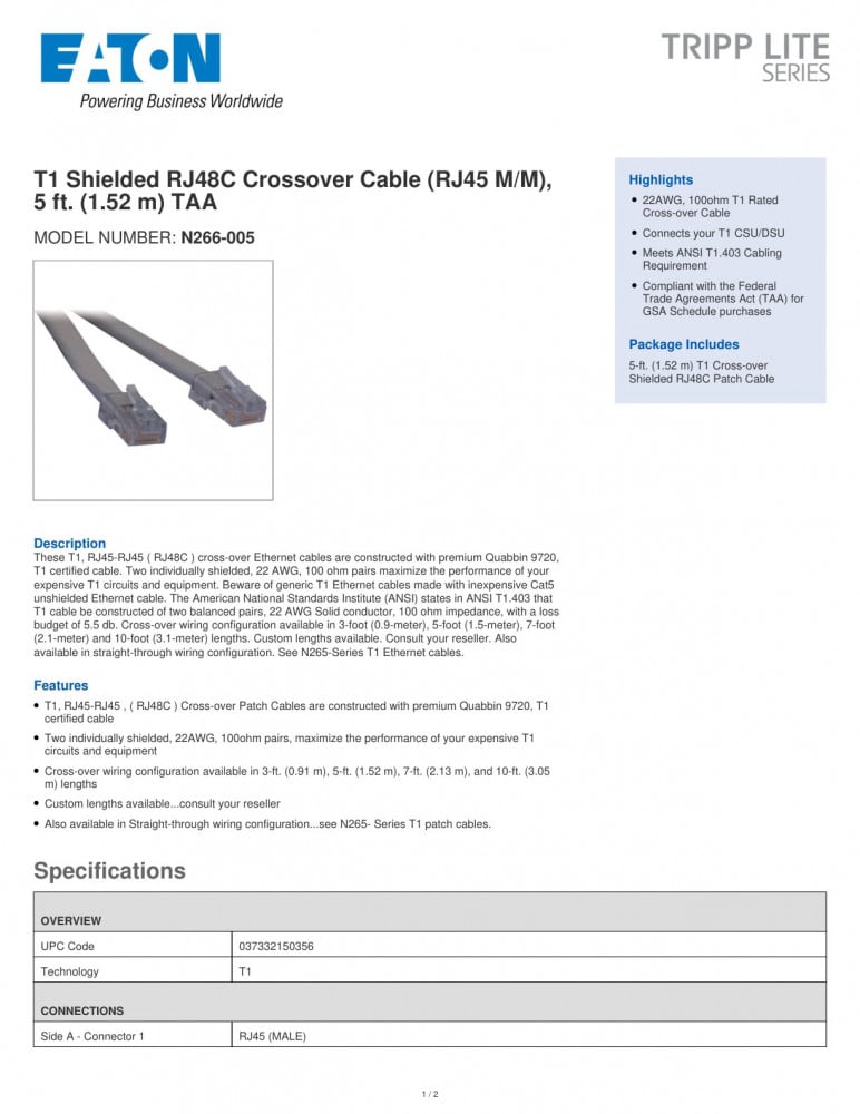 EATON N266-005 technical document page 1