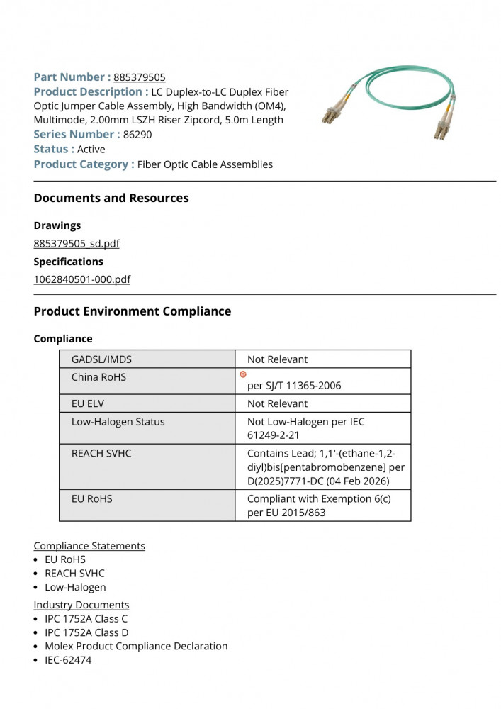 MOLEX 885379505 technical document image, page 1
