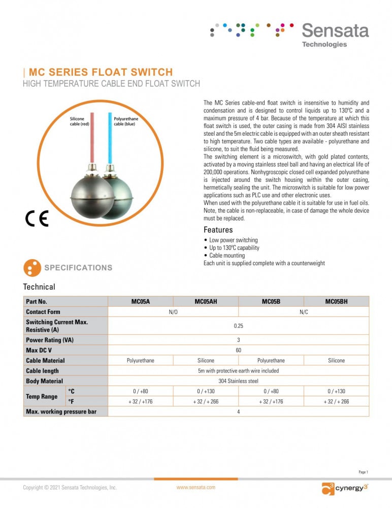 MC Series float switch technical document page 1