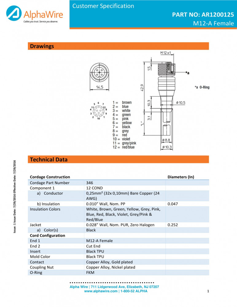 Alpha Wire AR1200125 BK400 technical drawing and specification page