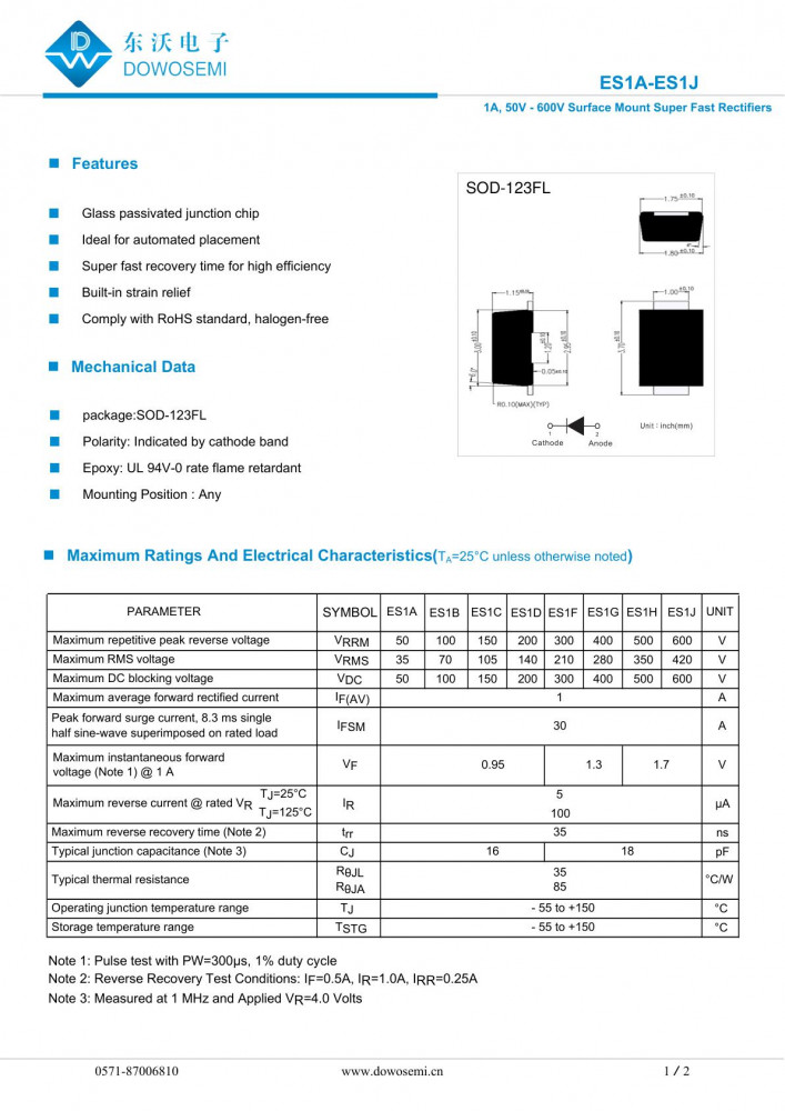 DOWO ES1J SOD-123FL datasheet page 1