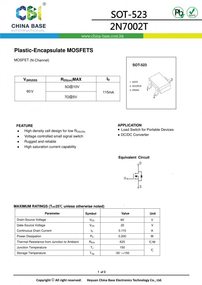2N7002T datasheet page 1