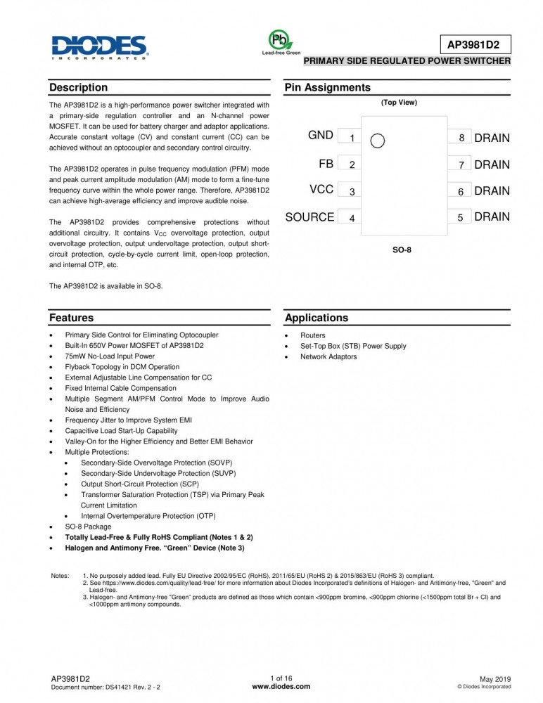 AP3981D2S-13 datasheet page 1