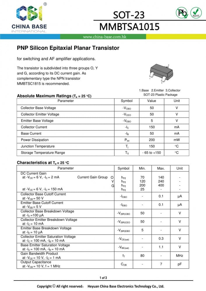 MMBTSA1015 datasheet page 1