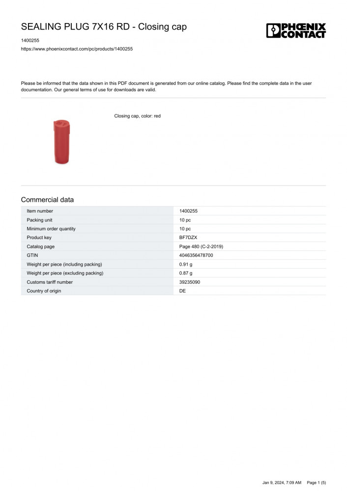 Phoenix Contact 1400255 product document page 1
