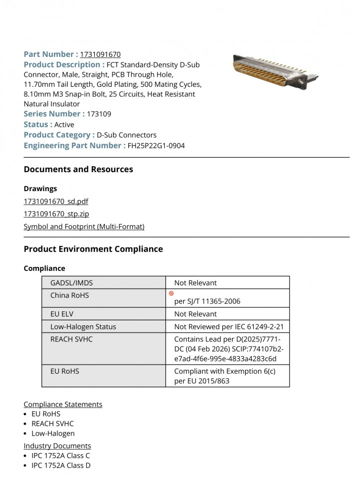 MOLEX 1731091670 technical document preview, page 1
