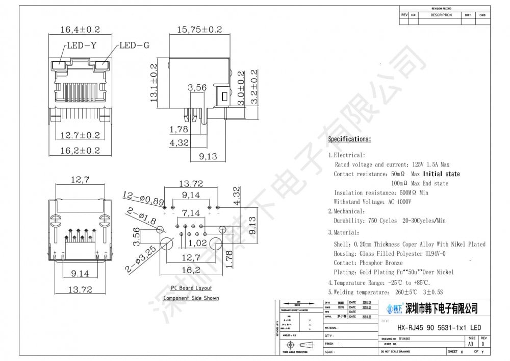 HANXIA HX-RJ45 90 5631-1x1 LED technical drawing