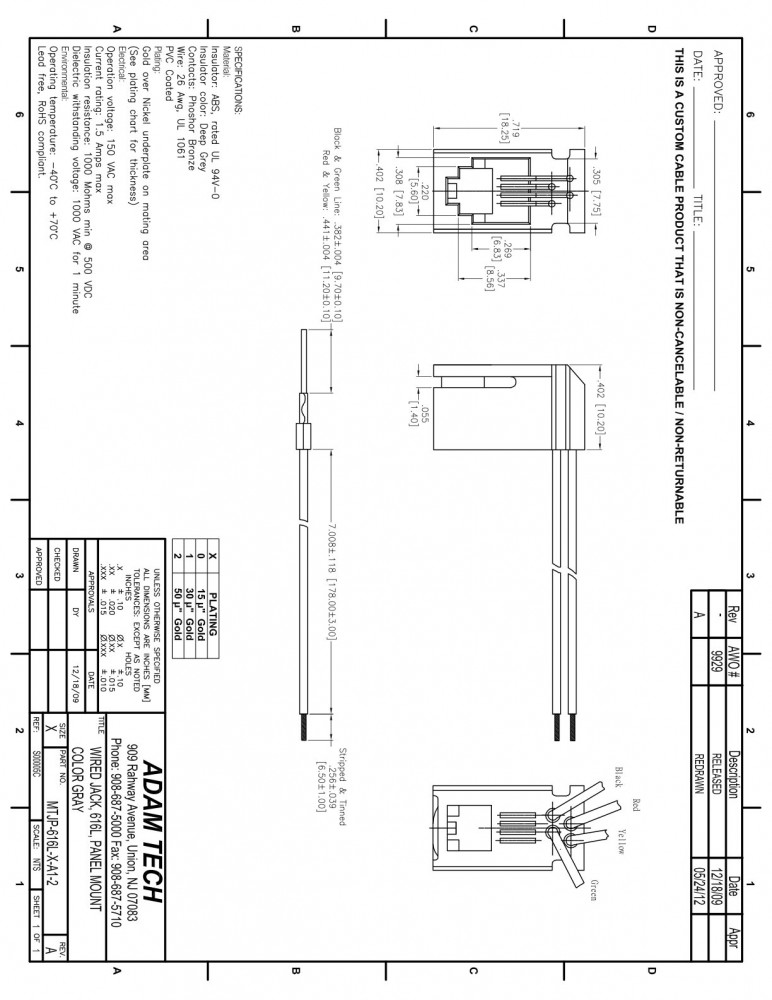 ADAM TECH wired jack 616L panel-mount product drawing
