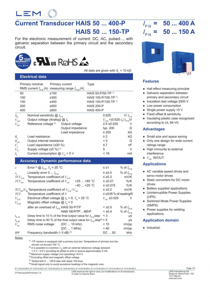 LEM HAIS 50-TP datasheet page 1