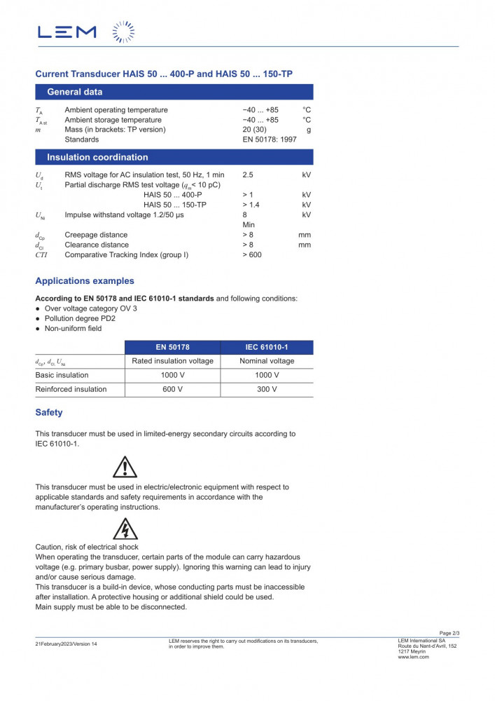 LEM HAIS 50-TP datasheet page 2