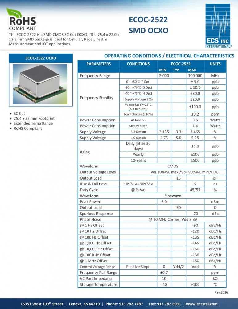 ECOC-2522 OCXO electrical specifications and ordering information