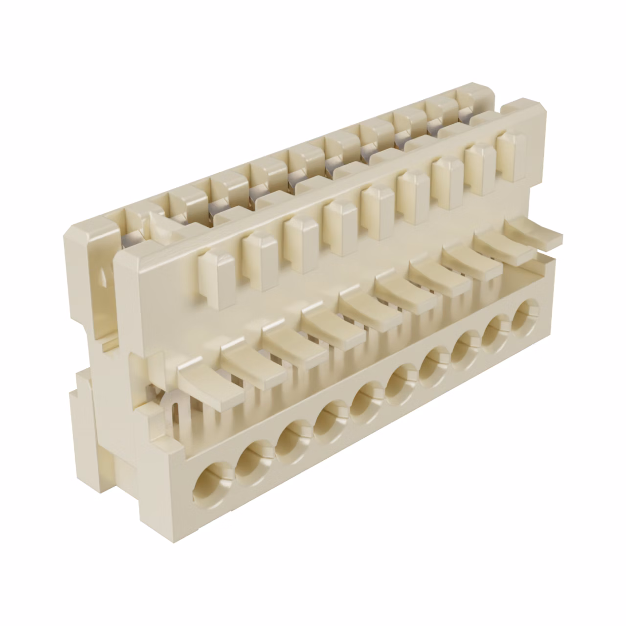 Appli-Mate RAST 2.5 Connector, 2.50mm Pitch, Female, 10 Circuits, Circuit 2 and 9 Voided, Latch at Circuit 2 and 9, Open Endwalls, Tin Plating