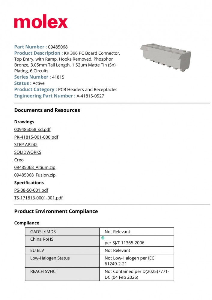 MOLEX KK 396 product specification page 1