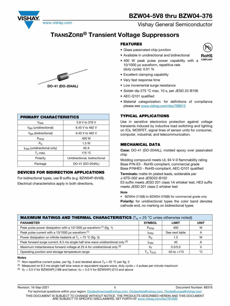 BZW04 datasheet page 1