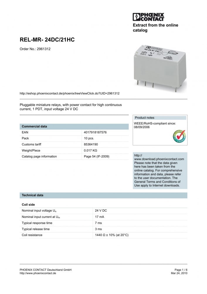 Phoenix Contact 2961312 technical document page 1