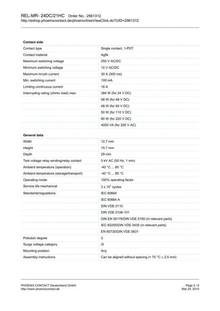 Phoenix Contact 2961312 technical document page 2