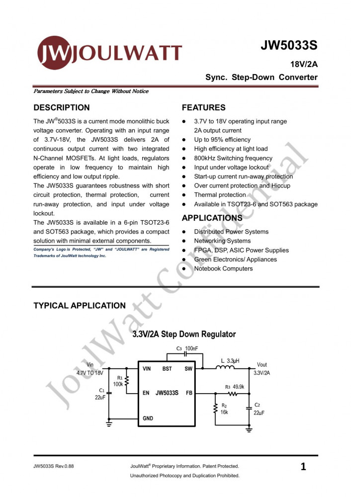 JW5033S datasheet page 1