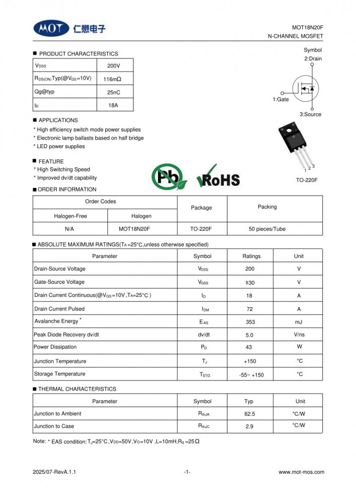MOT18N20F datasheet page 1
