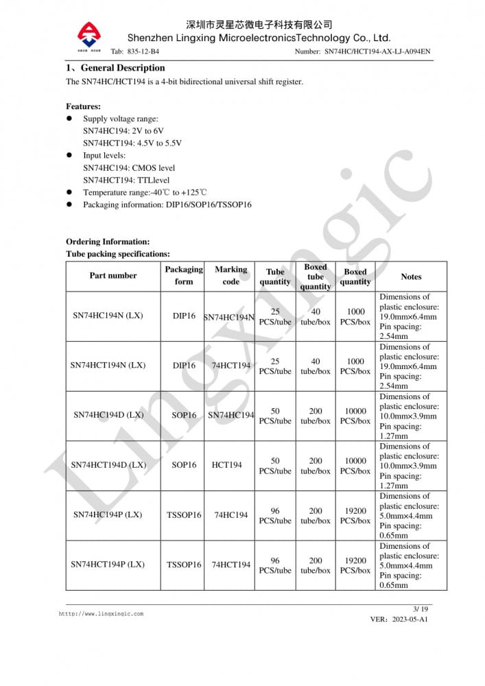 SN74HC194 specification page 3