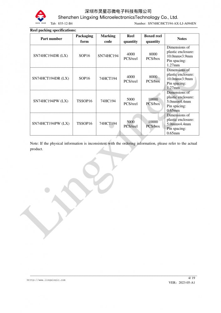 SN74HC194 specification page 4