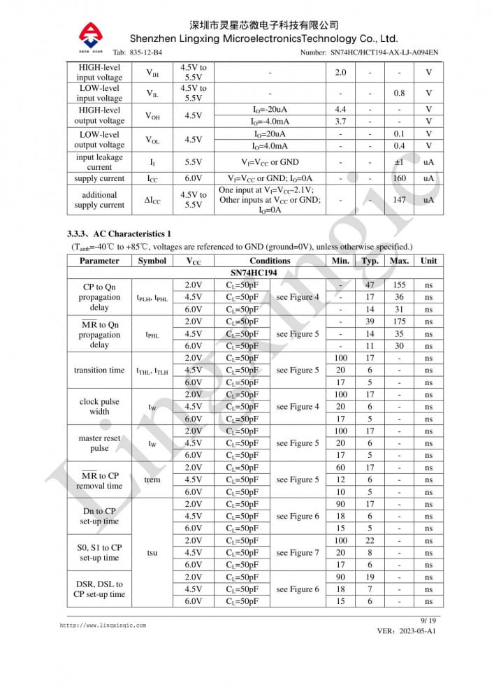SN74HC194 specification page 9