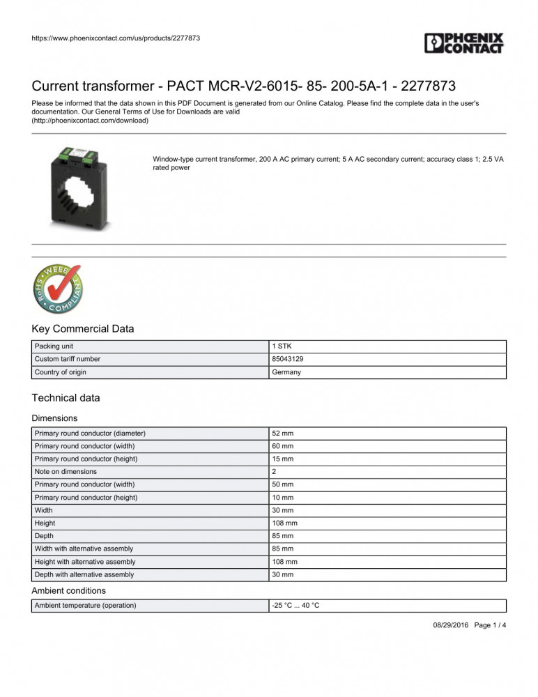 Phoenix Contact 2277873 product document page 1