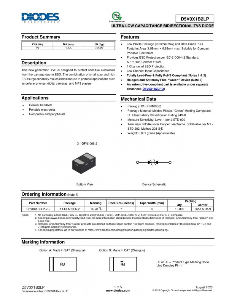 D5V0X1B2LP-7B datasheet page 1