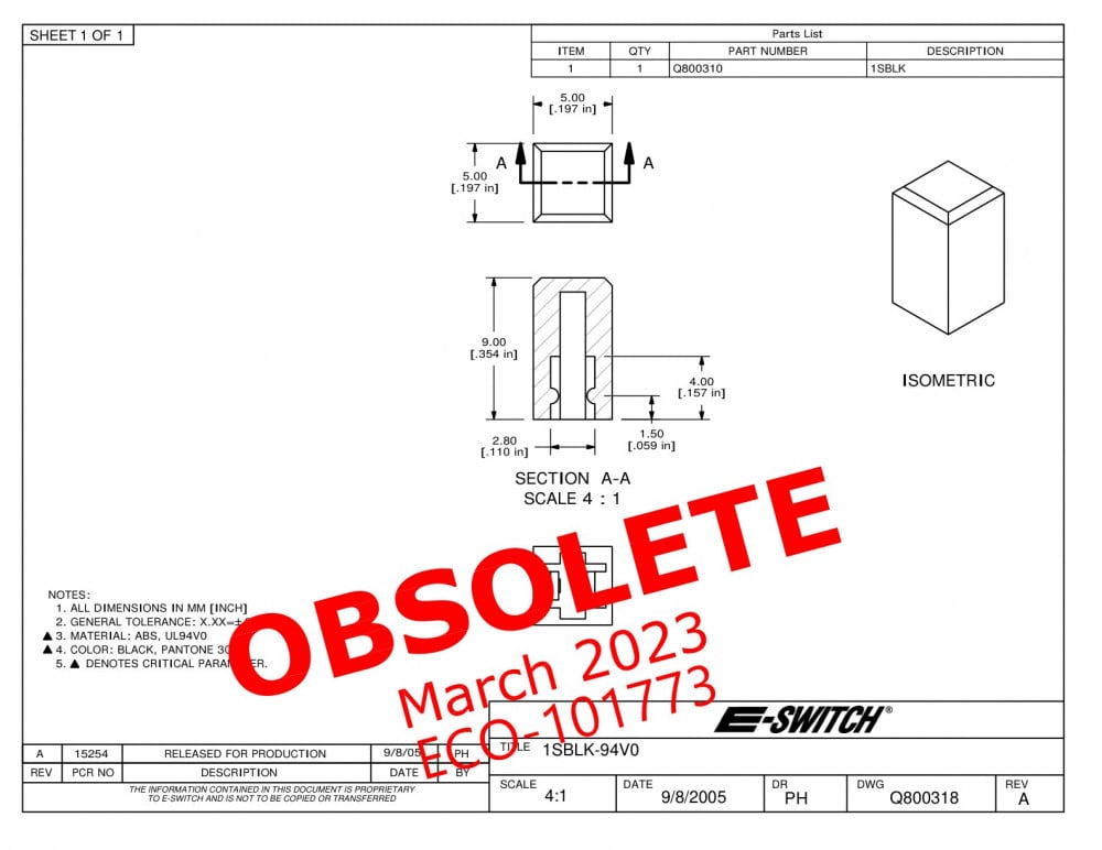 E-Switch 1SBLK-94V0 technical drawing