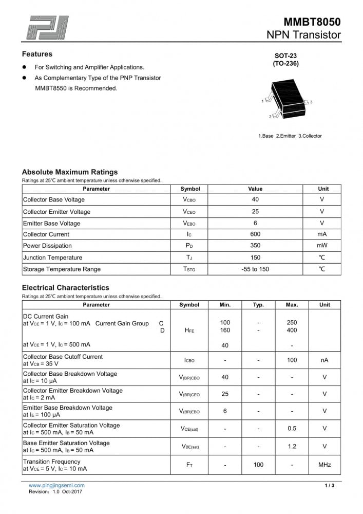 MMBT8050D technical document page 1