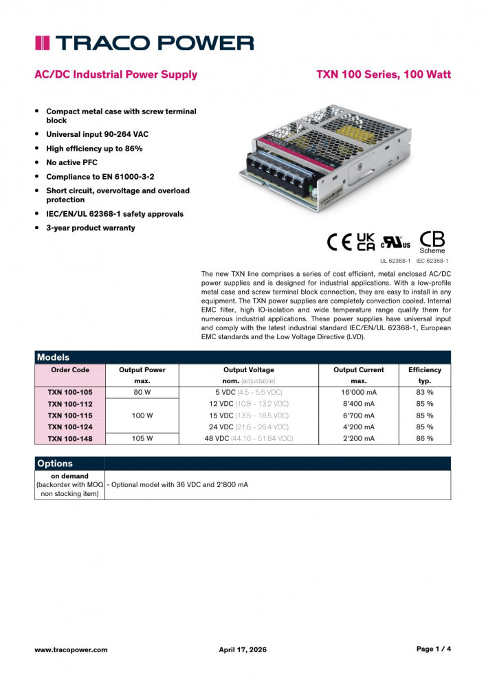 TXN 100 Series technical document page 1