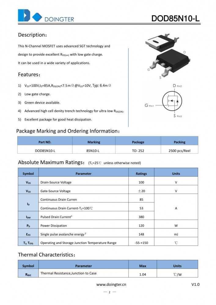 DOD85N10-L datasheet page 1