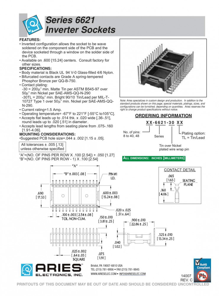 Aries Electronics 14007 technical document page