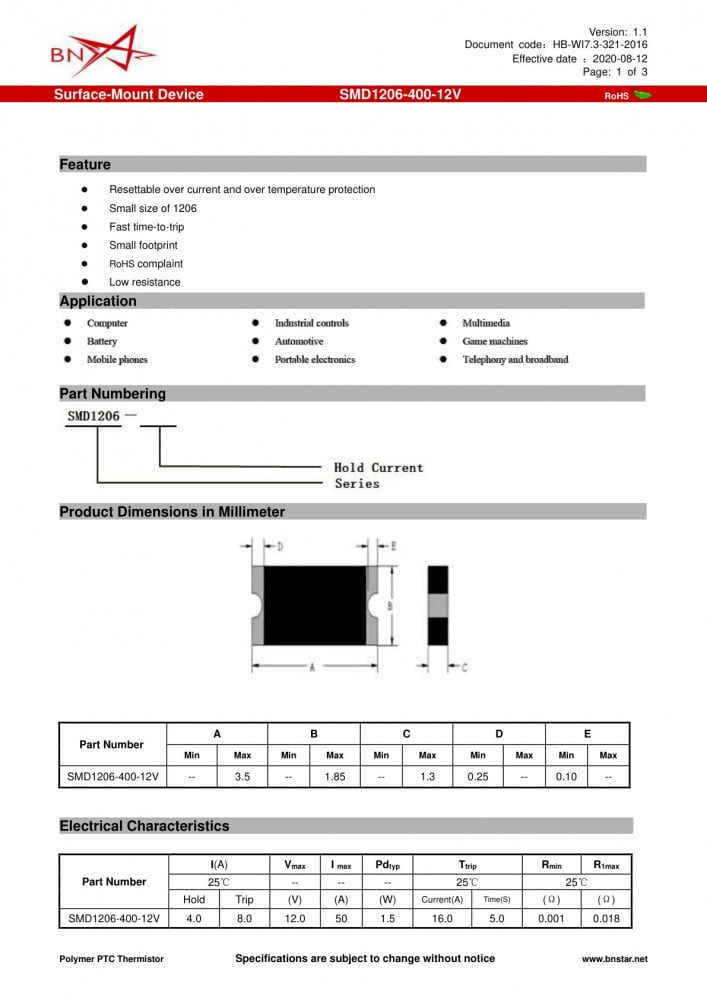 BNstar SMD1206-400-12V datasheet page 1
