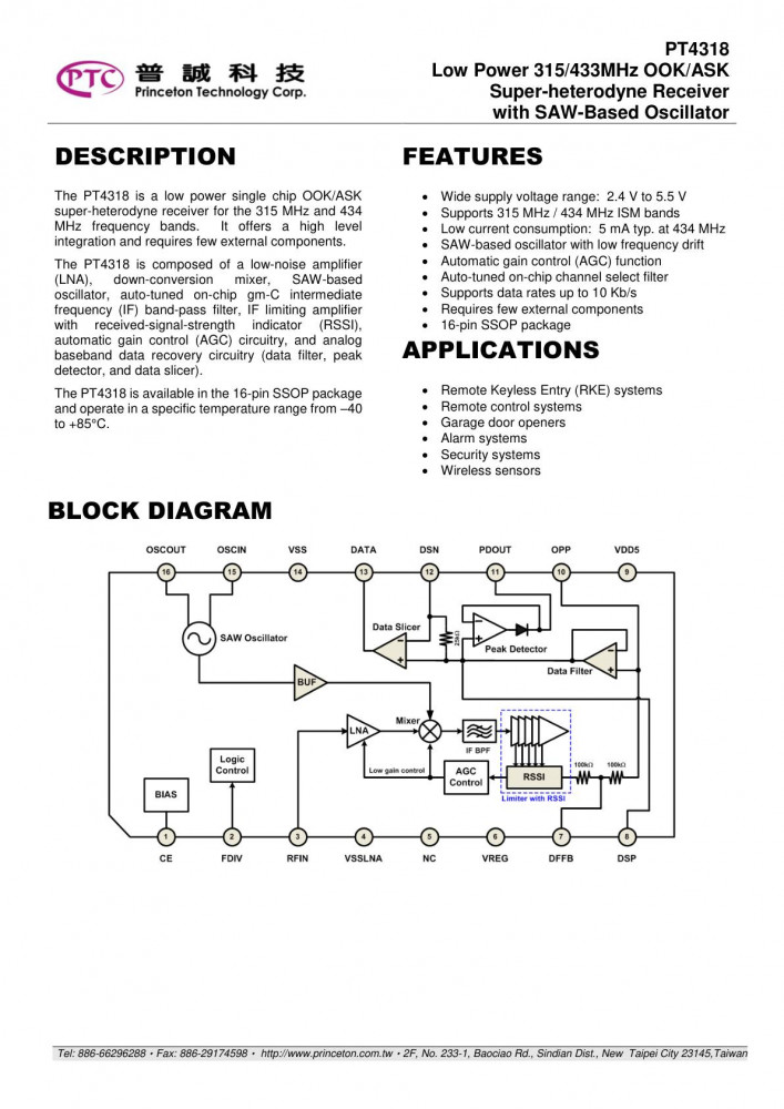 PT4318-X datasheet page 1